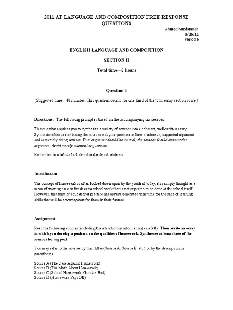 2011 Ap Language and Composition Free-Response Questions | PDF | Homework