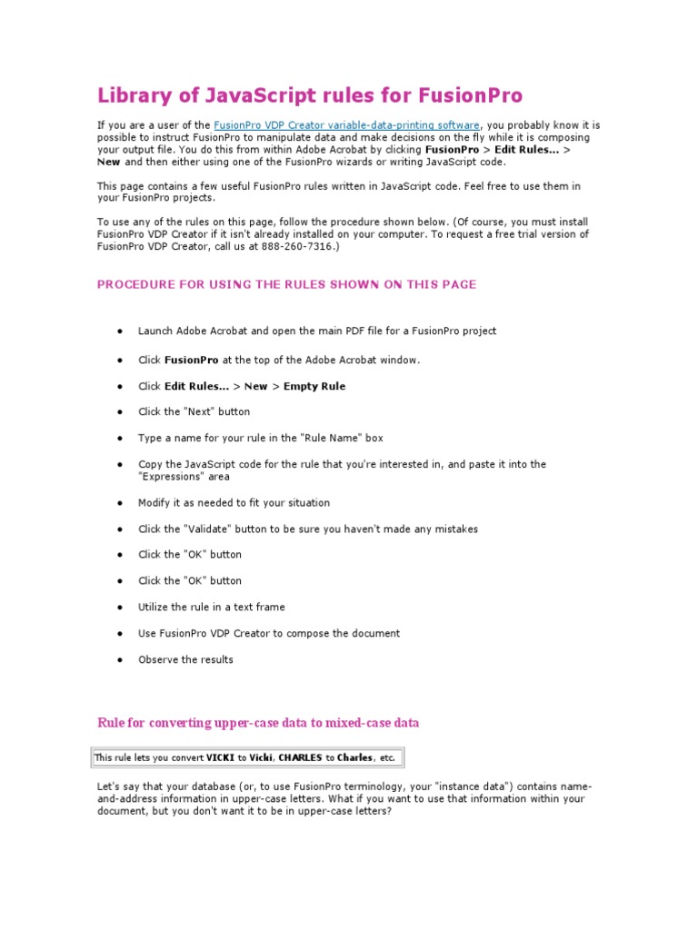 Library of JavaScript Rules For FusionPro | Download Free PDF | Java Script | Letter Case