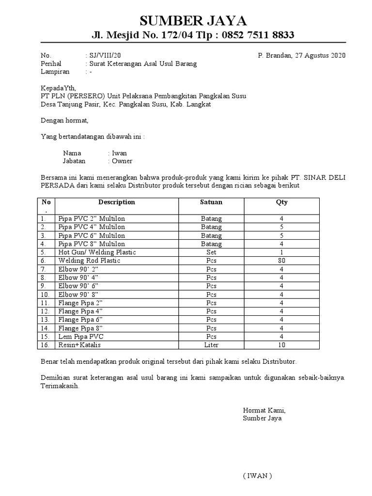 Surat Asal Usul Barang PVC | PDF Surat Asal Usul Barang PVC | PDF