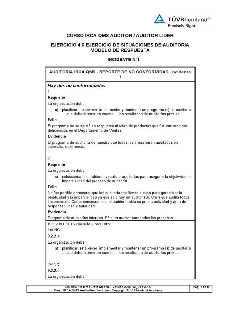 Curso Irca Qms Auditor / Auditor Lider Ejercicio 4.6 Ejercicio de ...