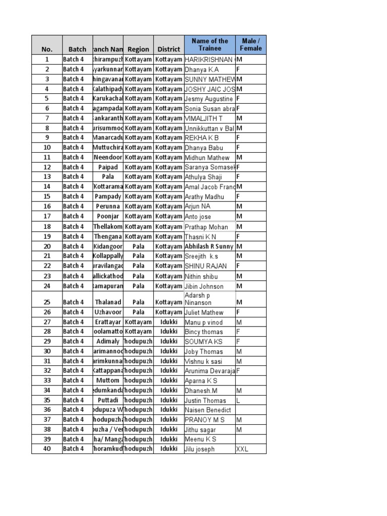 Trainee Details Spreadsheet for Batch 4 from Various Regions in ...