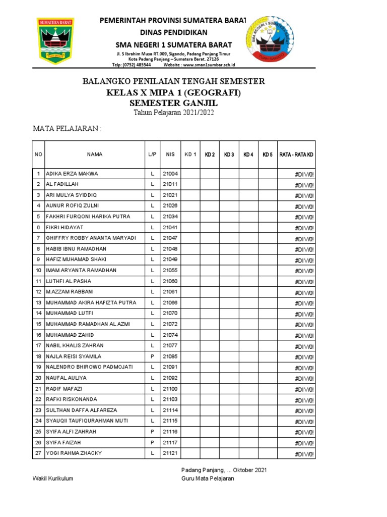 Blangko Penilaian Tengah Semester | PDF