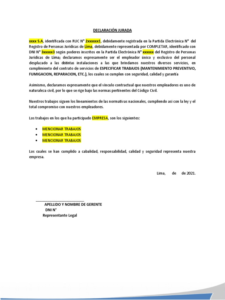 Modelo Declaracion Jurada Empresa | PDF