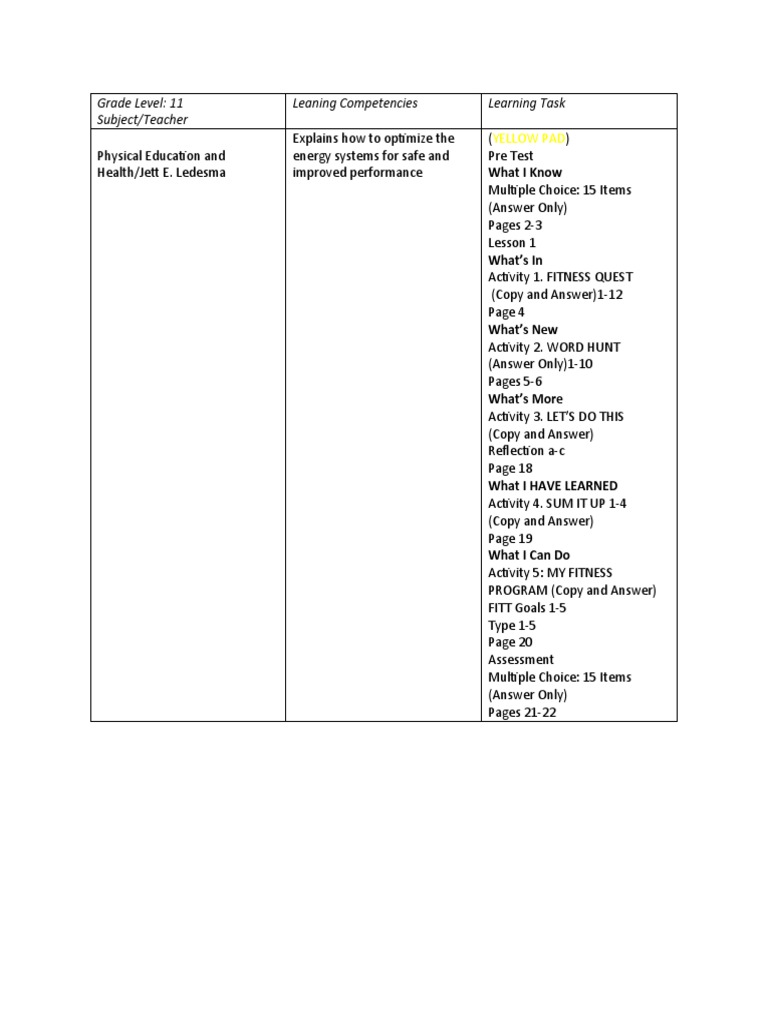 Grade 11 PE Energy Systems Guide | PDF | Physical Education | Multiple ...