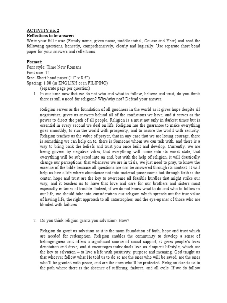 Activity No. 2 Reflections To Be Answer | PDF | Salvation | Faith