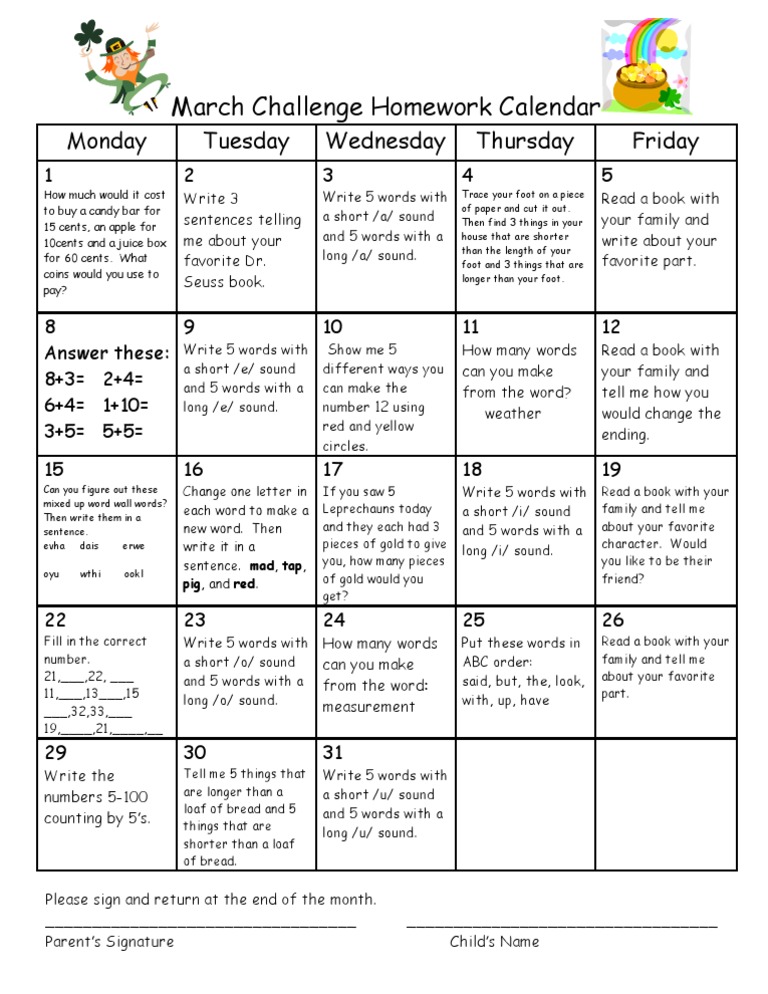 March Homework Calendar for Kids | PDF | Leisure