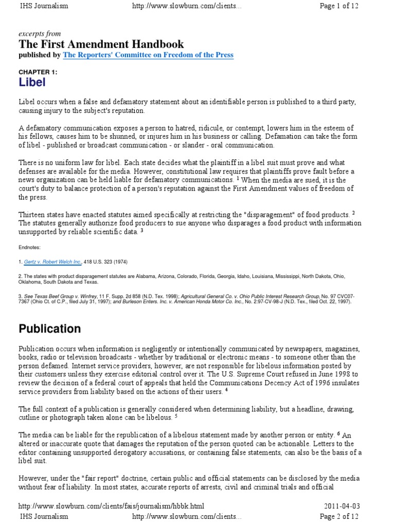The First Amendment Handbook - Libel | PDF | Defamation | First ...