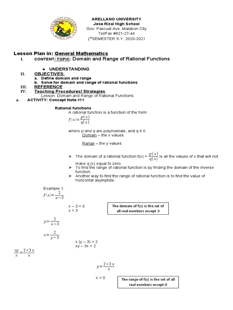 Lesson No.11 Domain and Range of Rational Functions | PDF | Function ...