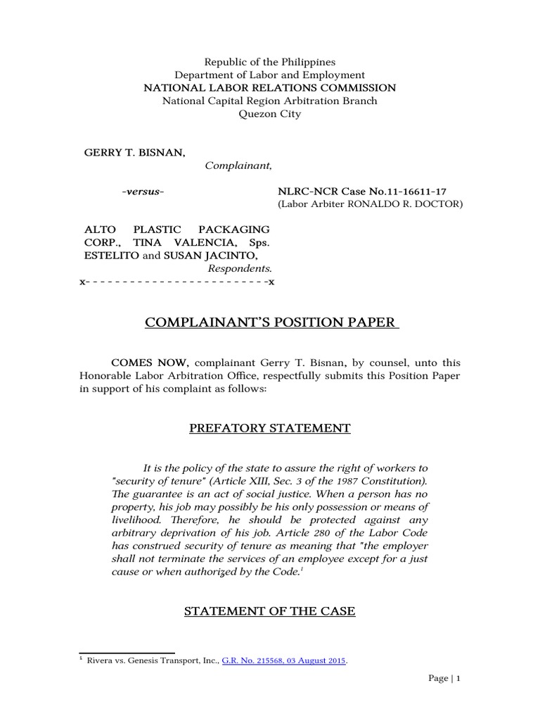 Complainant'S Position Paper: Prefatory Statement | PDF | Employment ...