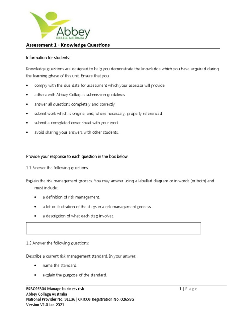 BSBOPS504 Assessment Task 1 | PDF | Risk | Risk Management