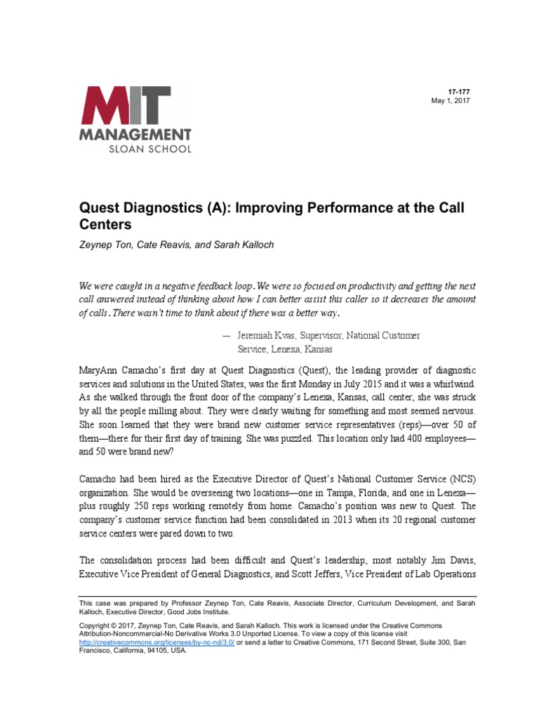 MIT Case Performance at Quest Diagnostics | PDF | Call Centre | Medical ...