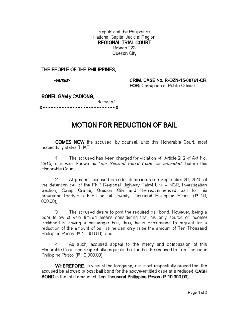 Motion To Reduce Bail | Download Free PDF | Bail | Justice