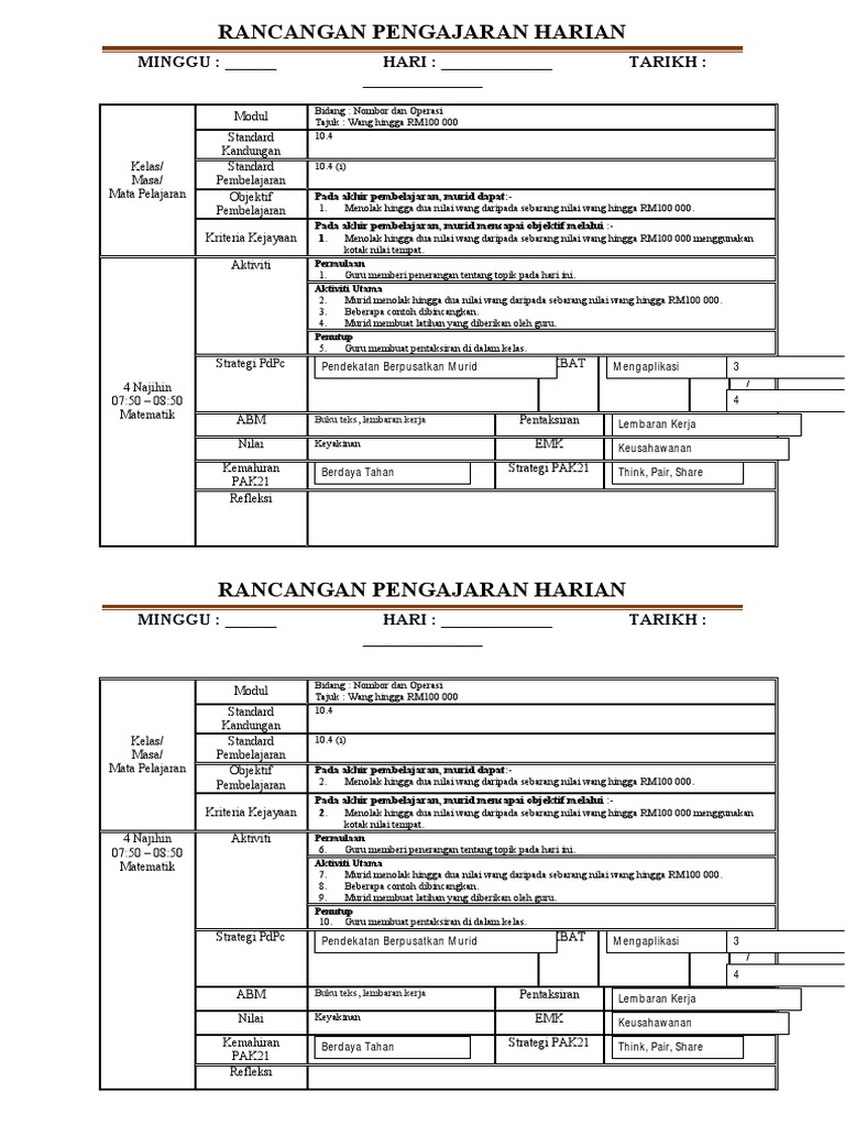 Contoh RPH Panitia Matematik 2020 | PDF
