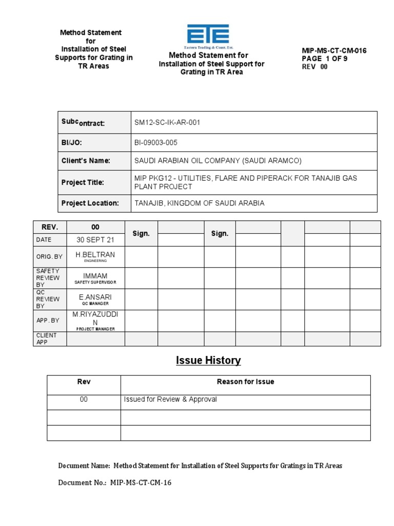 Method Statement For Installation of Steel Supports For Gratings at TR ...