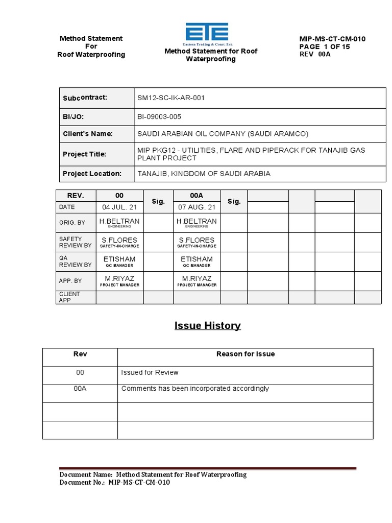 Roof Waterproofing Method Statement | PDF | Roof | Materials