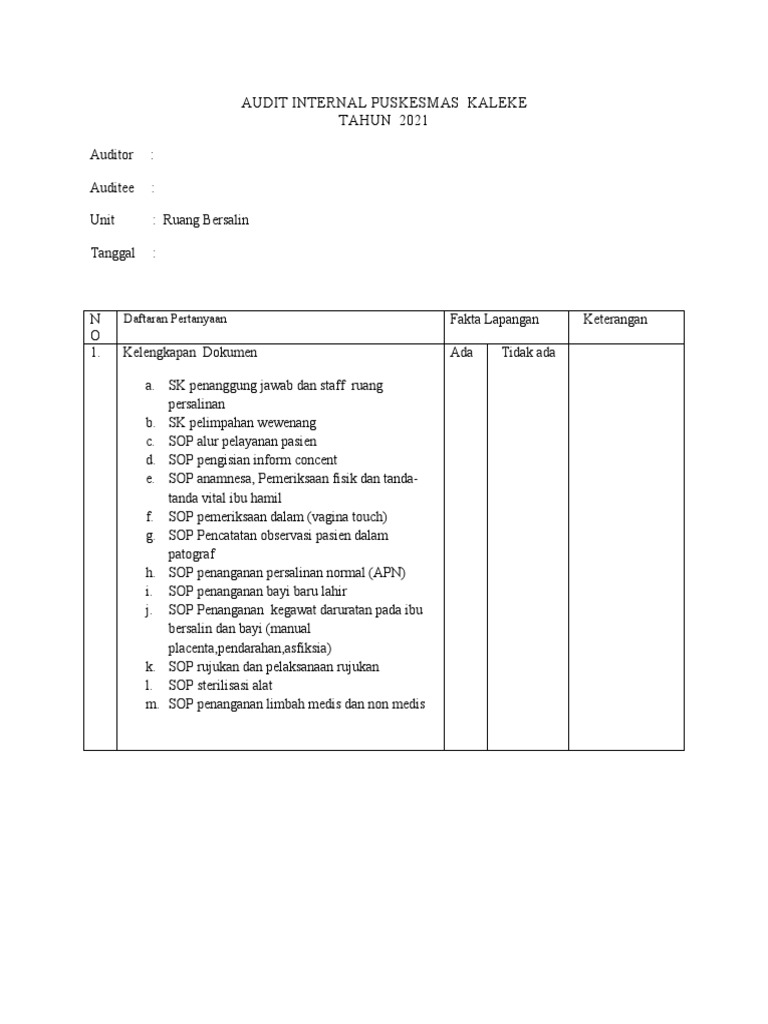 Masukan Utk Audit Internal Ruangan tw1 April 2021 | PDF