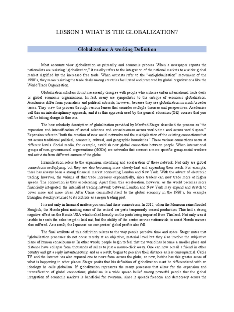 Lesson 1 What Is The Globalization?: Globalization: A Working ...