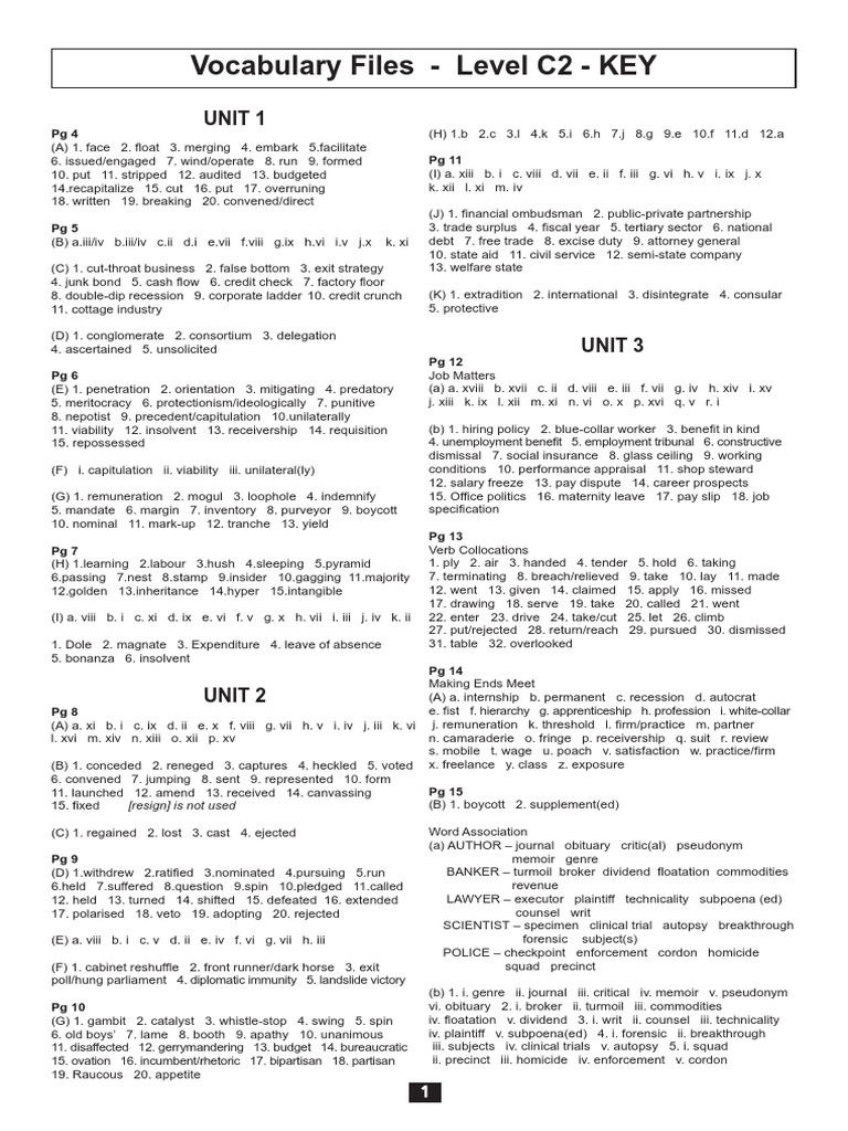 Vocabulary Files - Level C2 - KEY: Unit 1 | PDF
