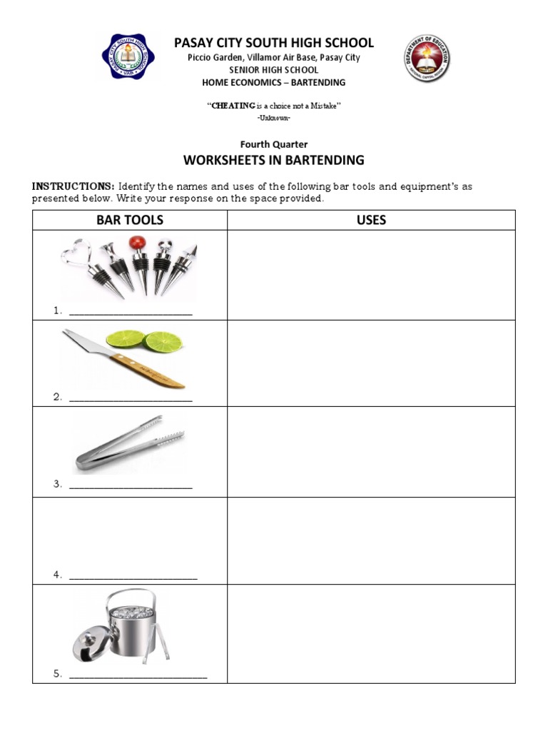 Bartending Tools Identification Worksheet | PDF