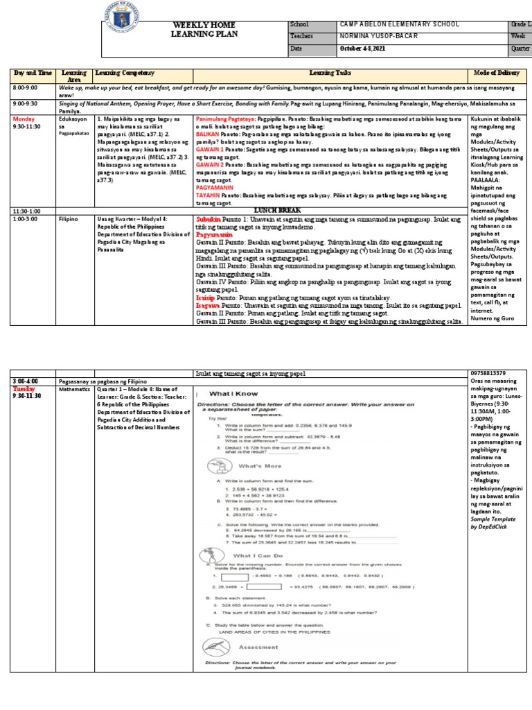 Weeklyhome Learning Plan | PDF