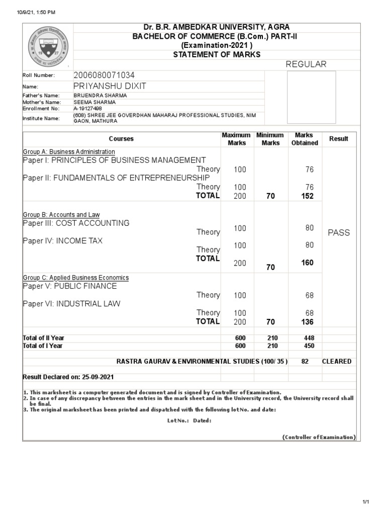 Regular 2006080071034 Priyanshu Dixit: Dr. B.R. Ambedkar University, Agra (Examination-2021 ...