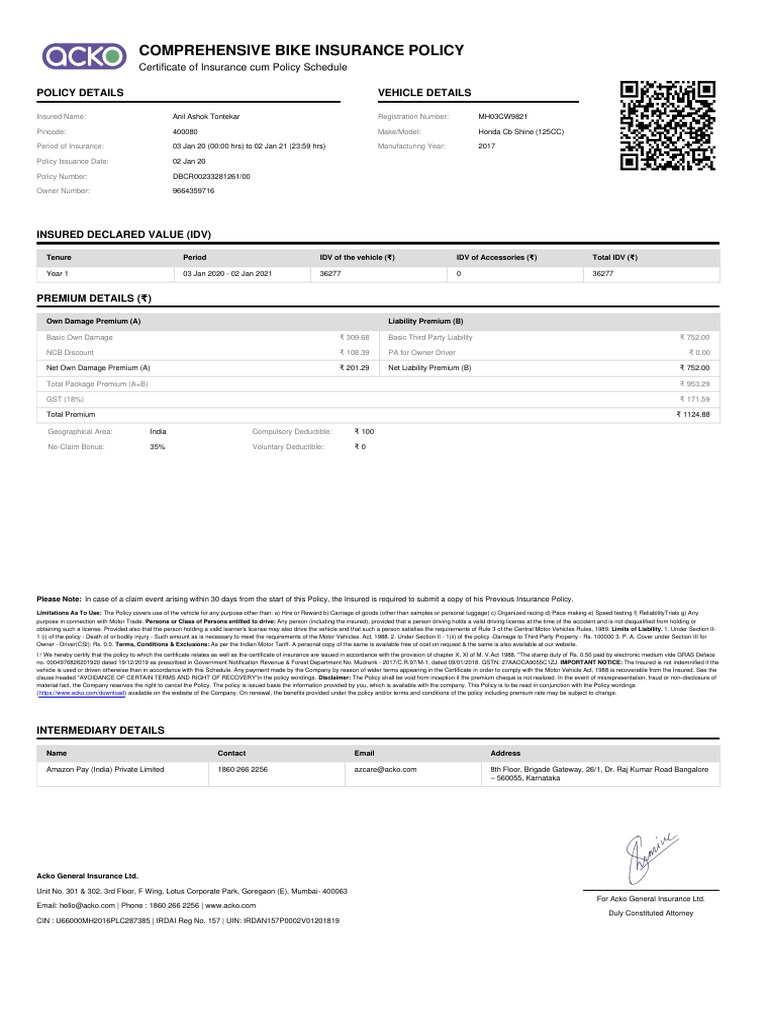 Acko Bike Policy - DBCR00233281261 - 00 | PDF | Insurance | Liability ...