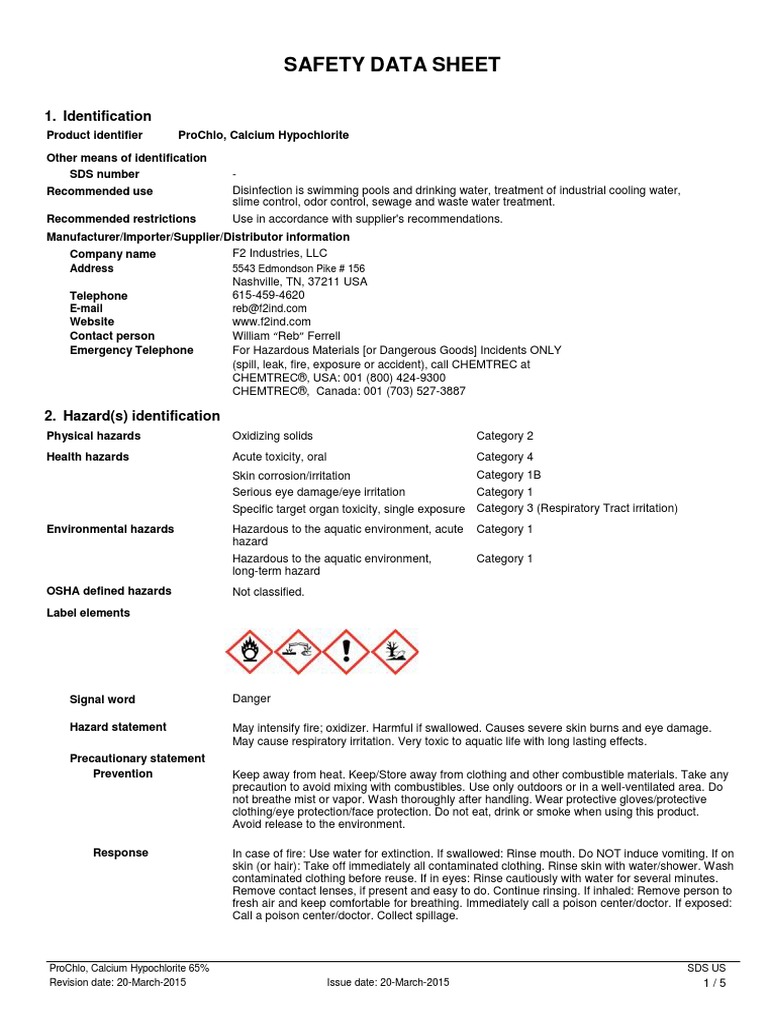 Safety Data Sheet: 1. Identification | PDF | Chlorine | Water