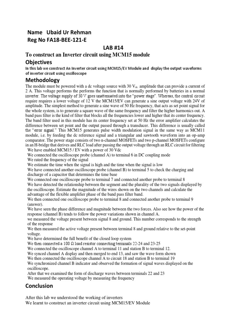 Name Ubaid Ur Rehman Reg No FA18-BEE-121-E LAB #14 Objectives Methodology | PDF | Power Inverter ...