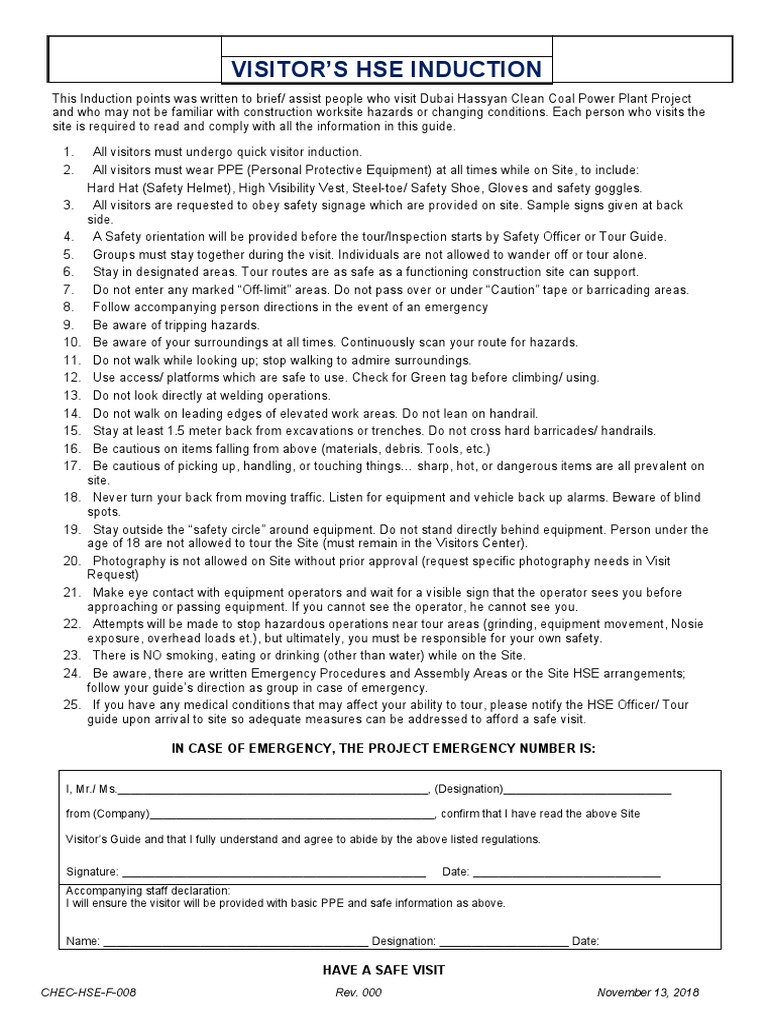 Visitor Safety Induction Guide | PDF | Personal Protective Equipment ...