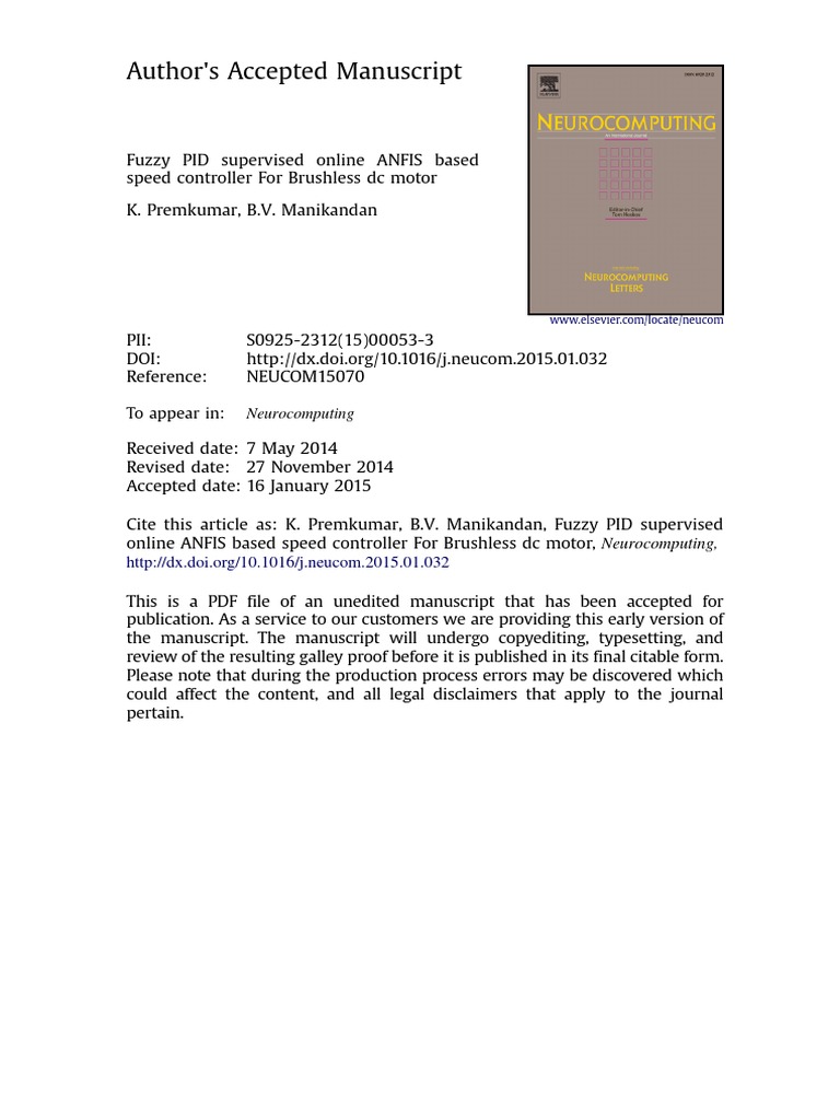 Fuzzy PID Supervised Online ANFIS Based Speed Controller For Brushless DC Motor | PDF | Control ...