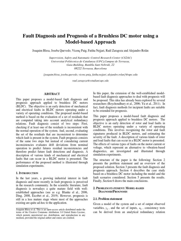 Fault Diagnosis and Prognosis of A Brushless DC Motor Using A Model-Based Approach | PDF ...