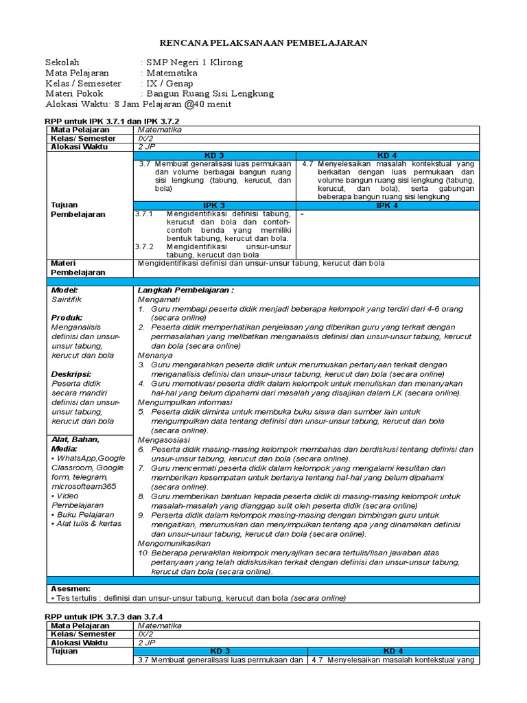RPP KLS 9 Bangun Ruang Sisi Lengkung | PDF | Kajian Bahasa Asing | Seni
