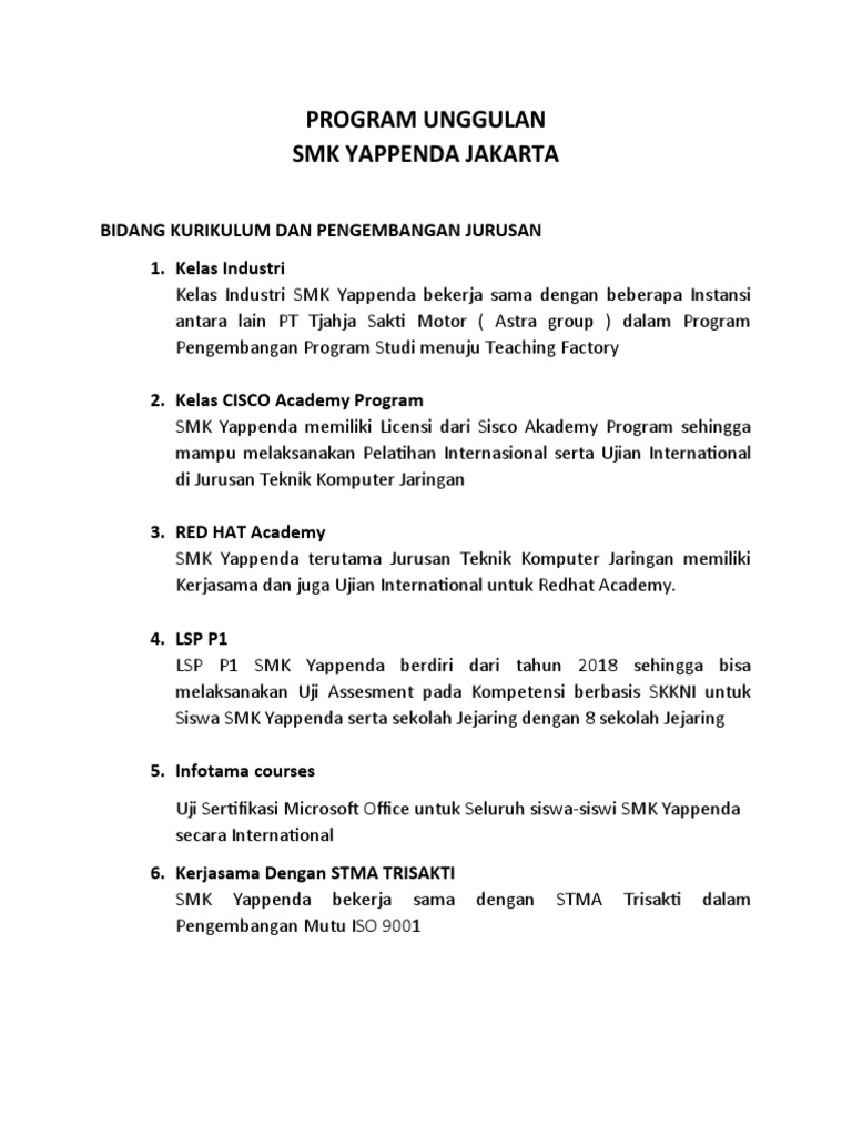 Program Unggulan SMK Yappenda | PDF