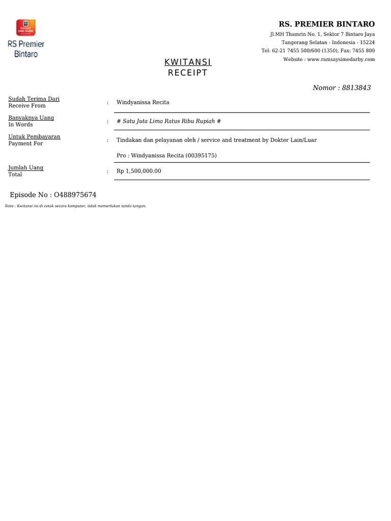 Kwitansi Receipt: Rs. Premier Bintaro | PDF