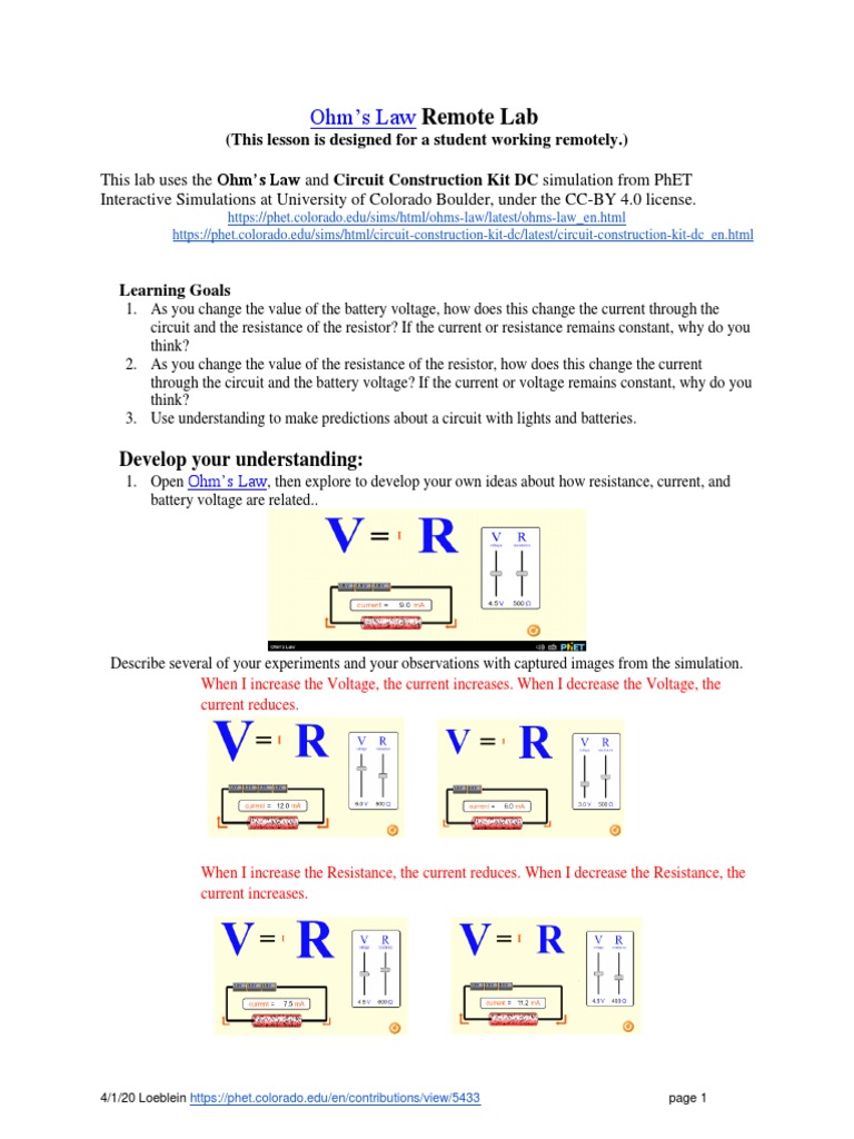 Ohms Law Remote Lab | PDF | Electrical Network | Electrical Resistance ...