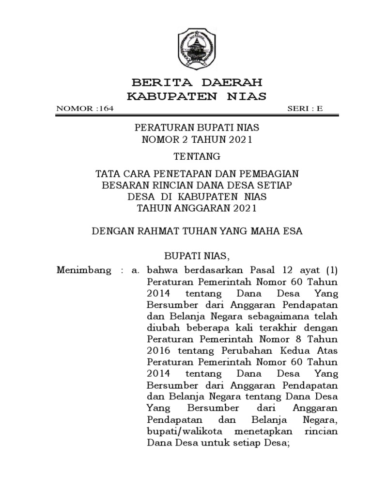 1 - BERITA DAERAH 2 TTG Tatacara Pembagian Dana Desa | PDF
