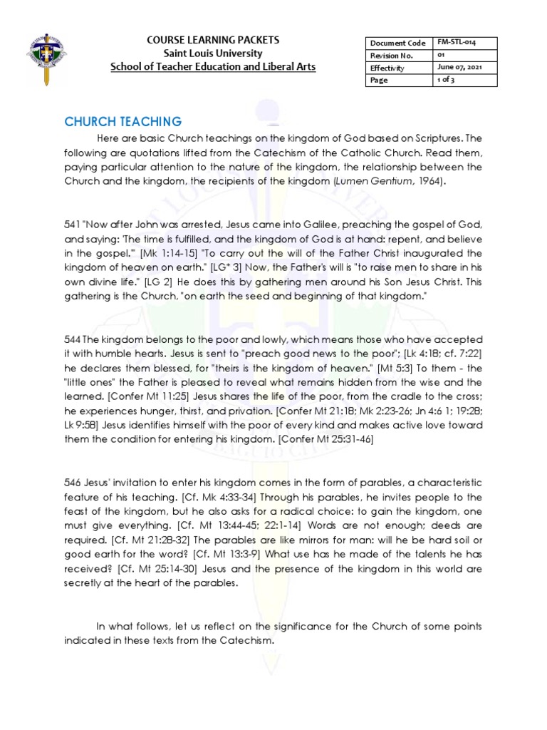 Church Teachings on the Kingdom of God | PDF | Jesus | The Gospel