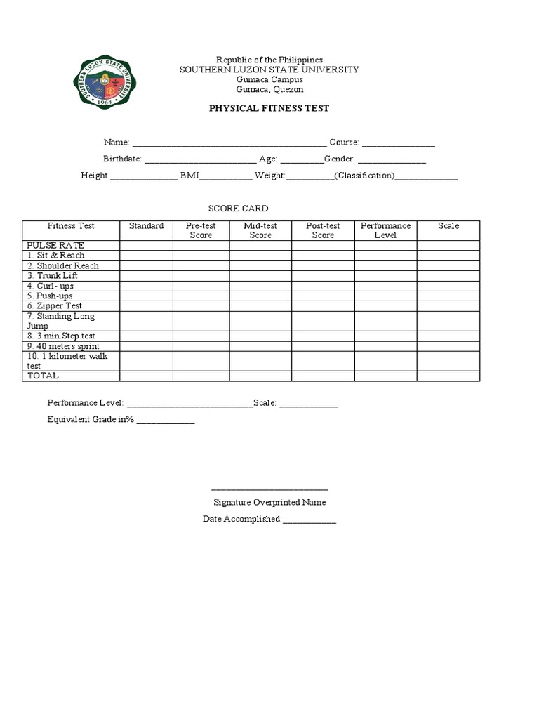 Physical Fitness Test Form | PDF