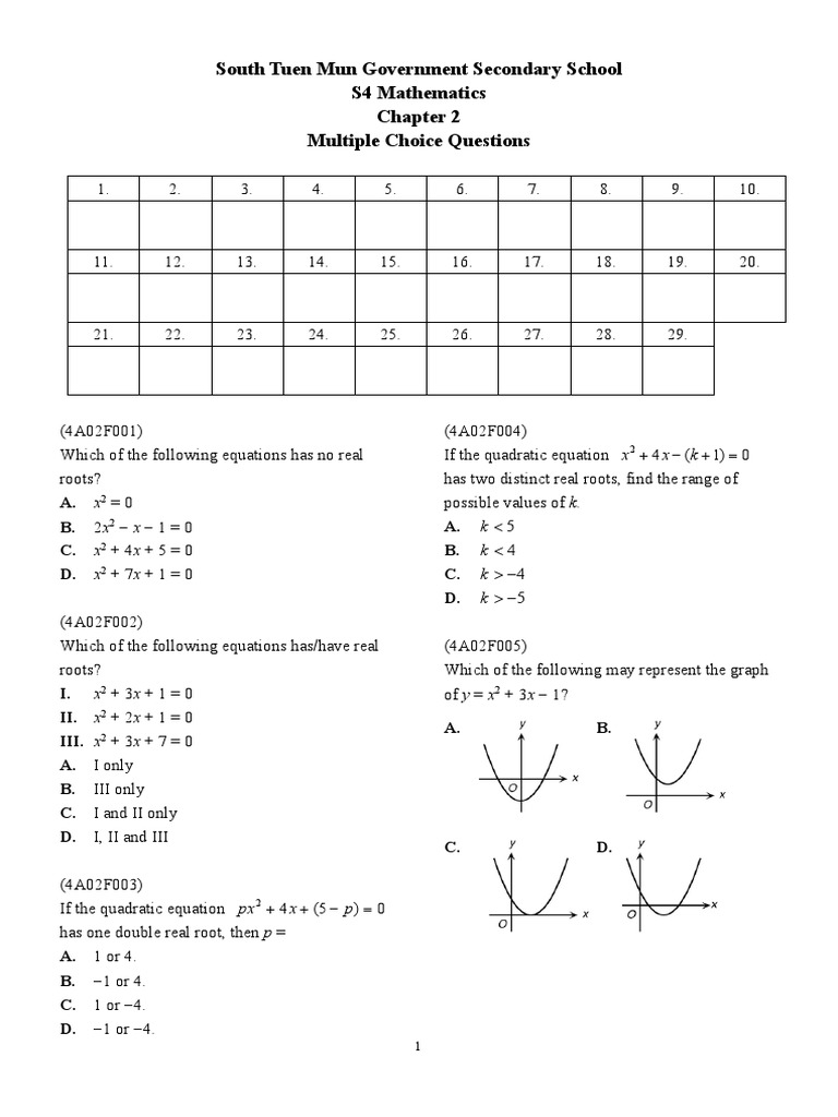 S4 Maths Ch2 MC | PDF | Quadratic Equation | Mathematics