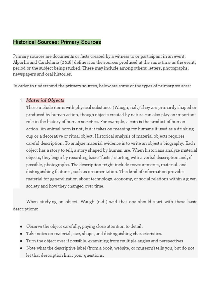 Historical Sources: Primary Sources: Material Objects | PDF | Primary ...