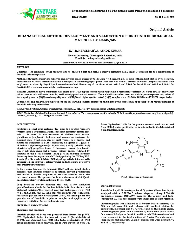 Bioanalytical Method Development and Validation of Ibrutinib in Biological Matrices by Lc-Ms/Ms ...