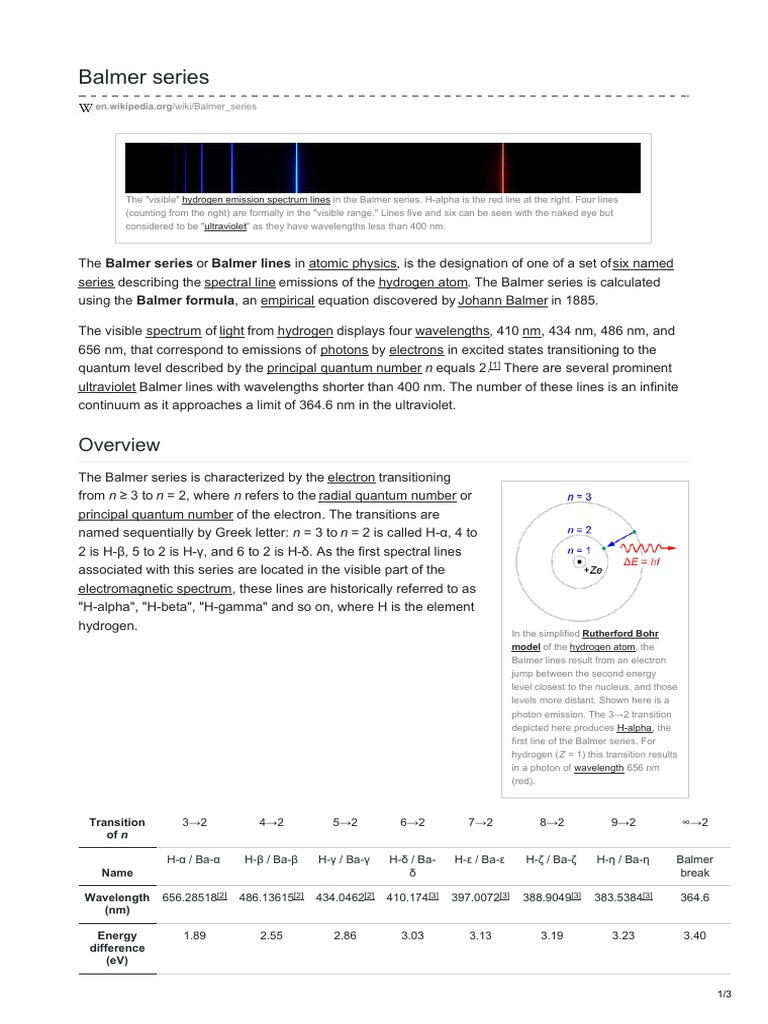 Balmer Series: Visible Hydrogen Spectrum | PDF | Electromagnetism ...