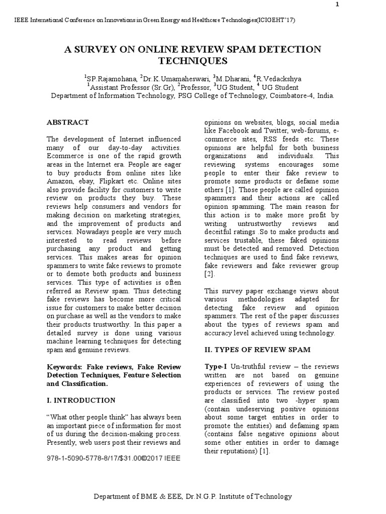 A Survey On Online Review Spam Detection Techniques | PDF | Statistical Classification | Spamming