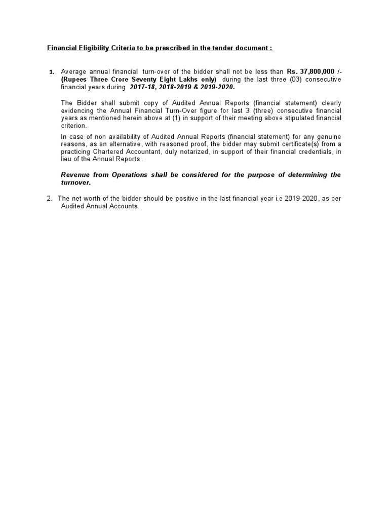 Financial Eligibility Criteria To Be Prescribed in The Tender Document ...