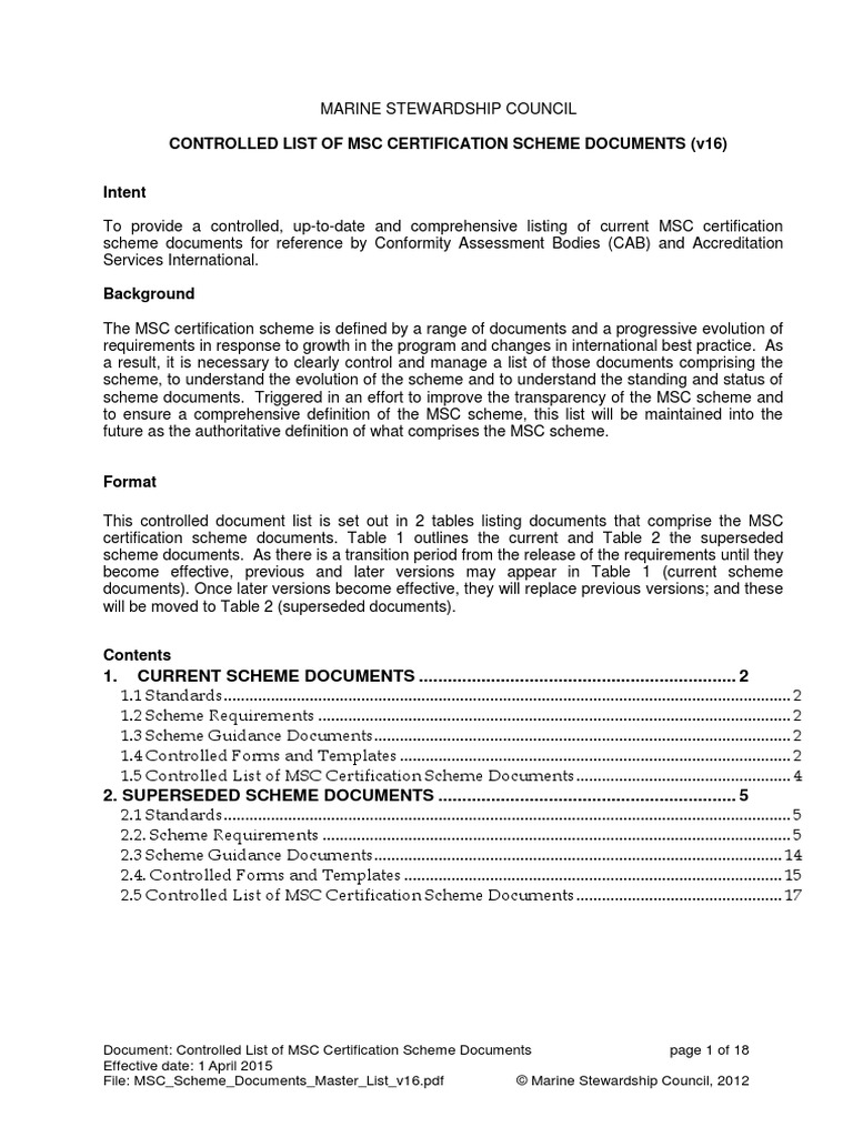Controlled List of MSC Certification Scheme Documents (V16) | PDF