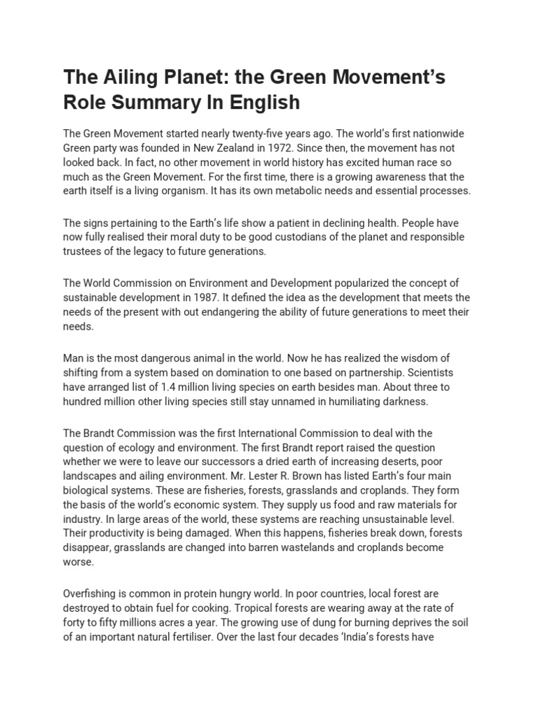 The Ailing Planet: The Green Movement's Role Summary in English | PDF ...