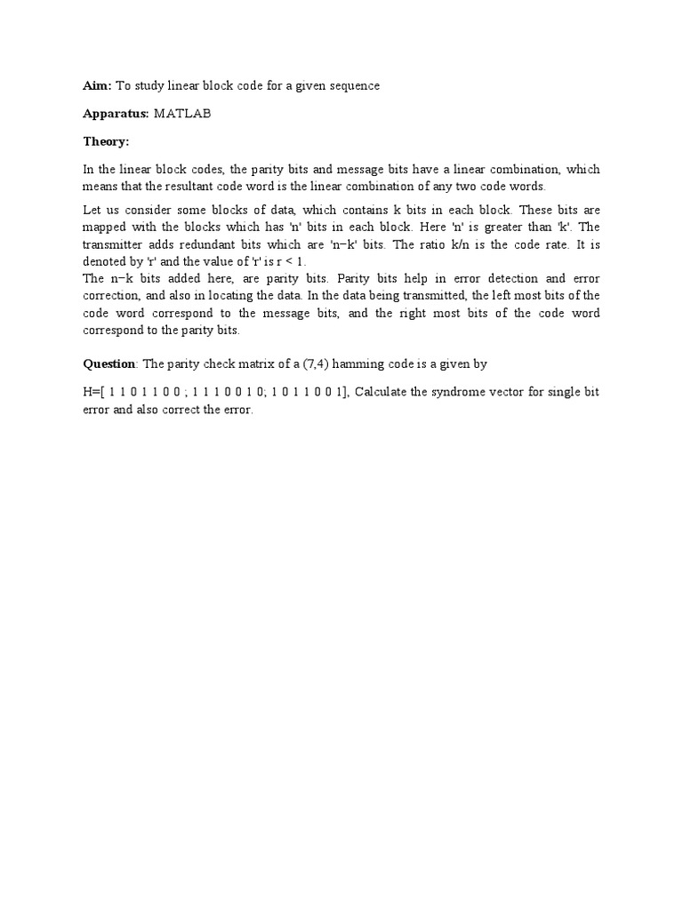 Exp - 9 Linear Block Code | PDF