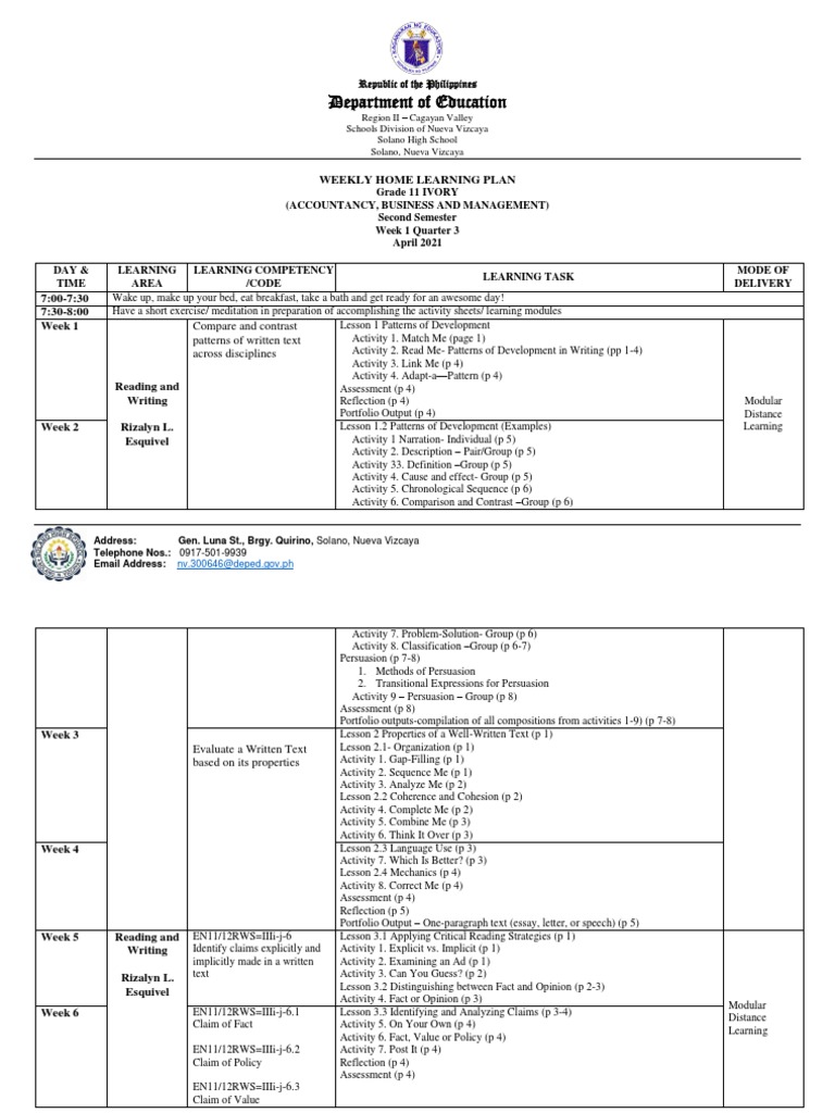 WEEKLY HOME LEARNING PLAN - RWS - Quarter 1 | PDF | Learning ...