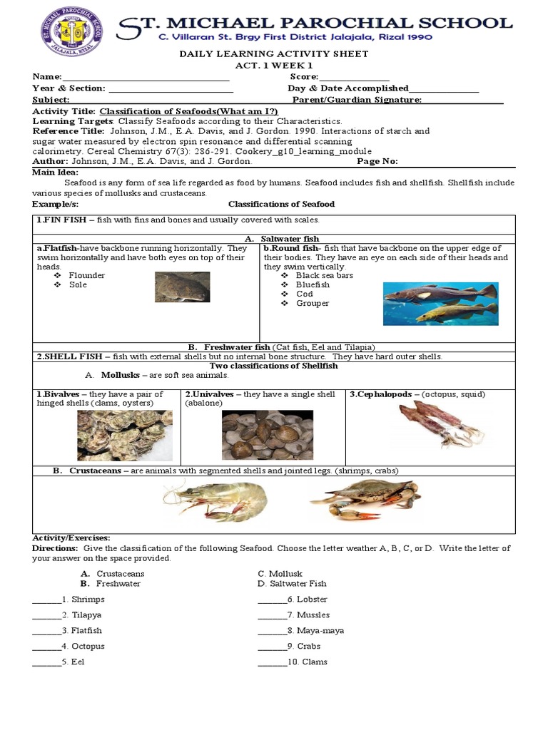 Seafood Classification Activity Sheet | PDF | Seafood | Zoology