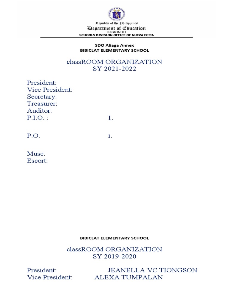 Classroom Organization SY 2021-2022 President: Vice President ...